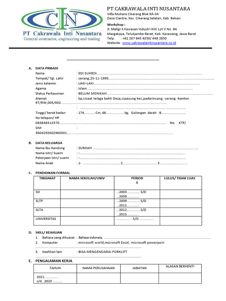 Form Penerimaan Karyawan CIN | PDF