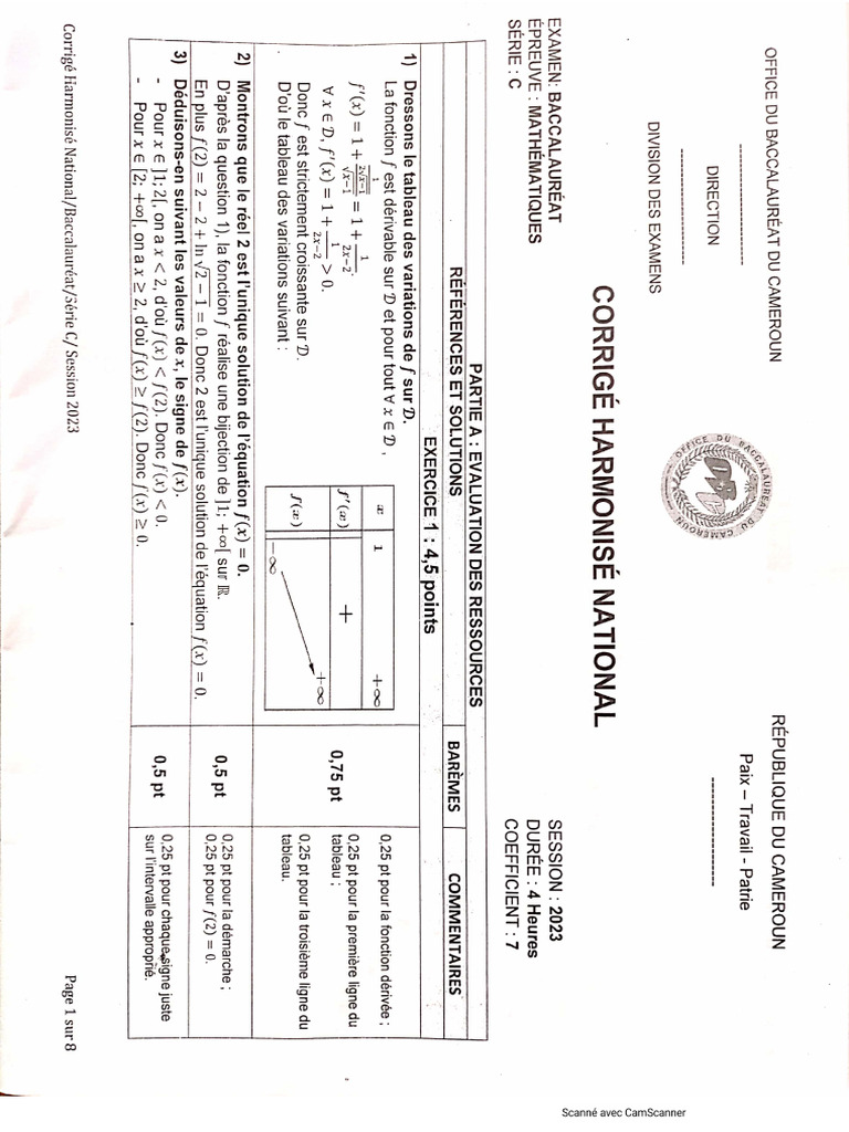 Corrigé National Maths Bac C 2023 | PDF