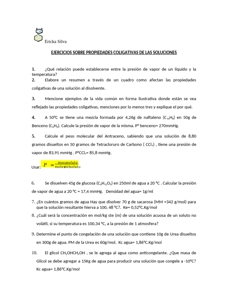 Ejercicios Prácticos Propiedades Coligativas | PDF