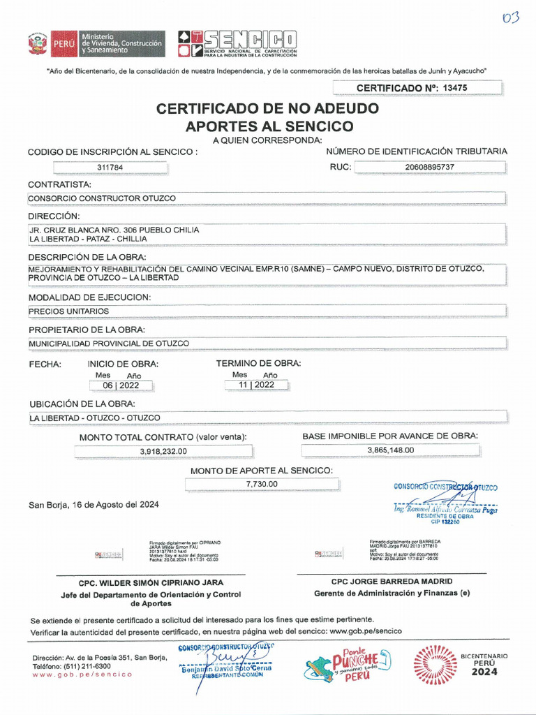 Certificado de Sencico | PDF
