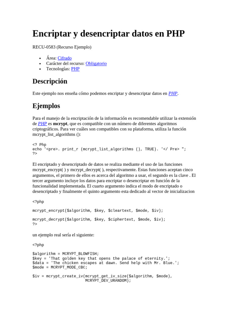 Encriptar y Desencriptar Datos en PHP | PDF