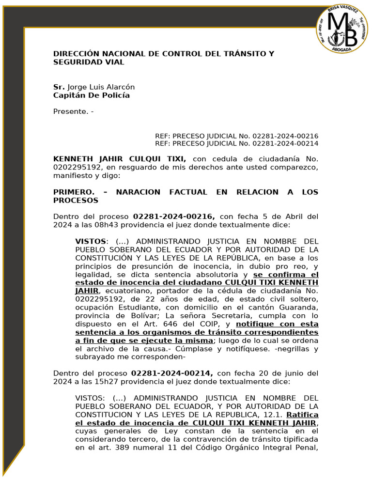 Oficio Kenneth Culqui DIRECCIÓN NACIONAL DE CONTROL DEL TRÁNSITO Y ...