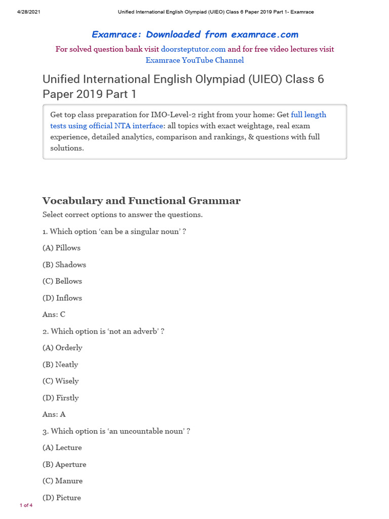 UIEO Class 6 Paper 2019 Part 1 | PDF