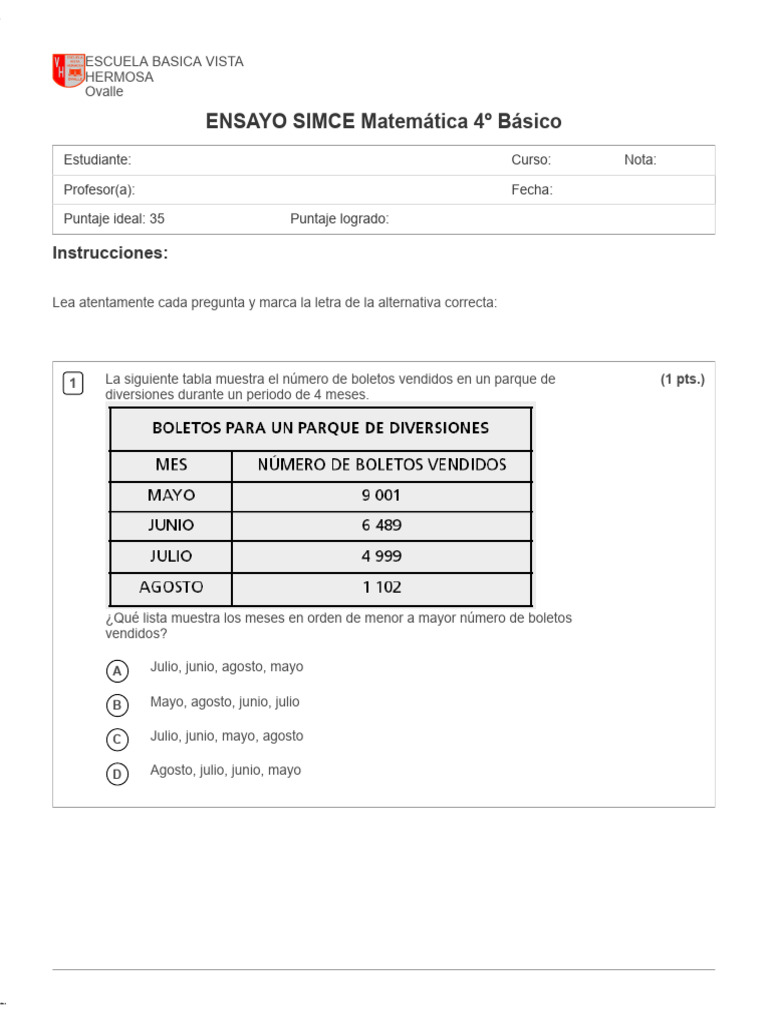 Ensayo Matematica Cuarto Basico | PDF