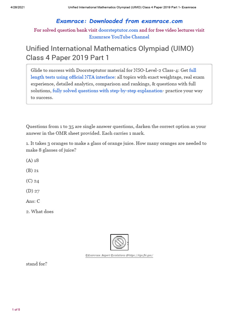 UIMO Class 4 Paper 2019 Part 1 | PDF