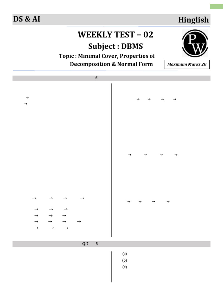 Database Management System Weekly Test 02 Test Paper | PDF | Data Model ...