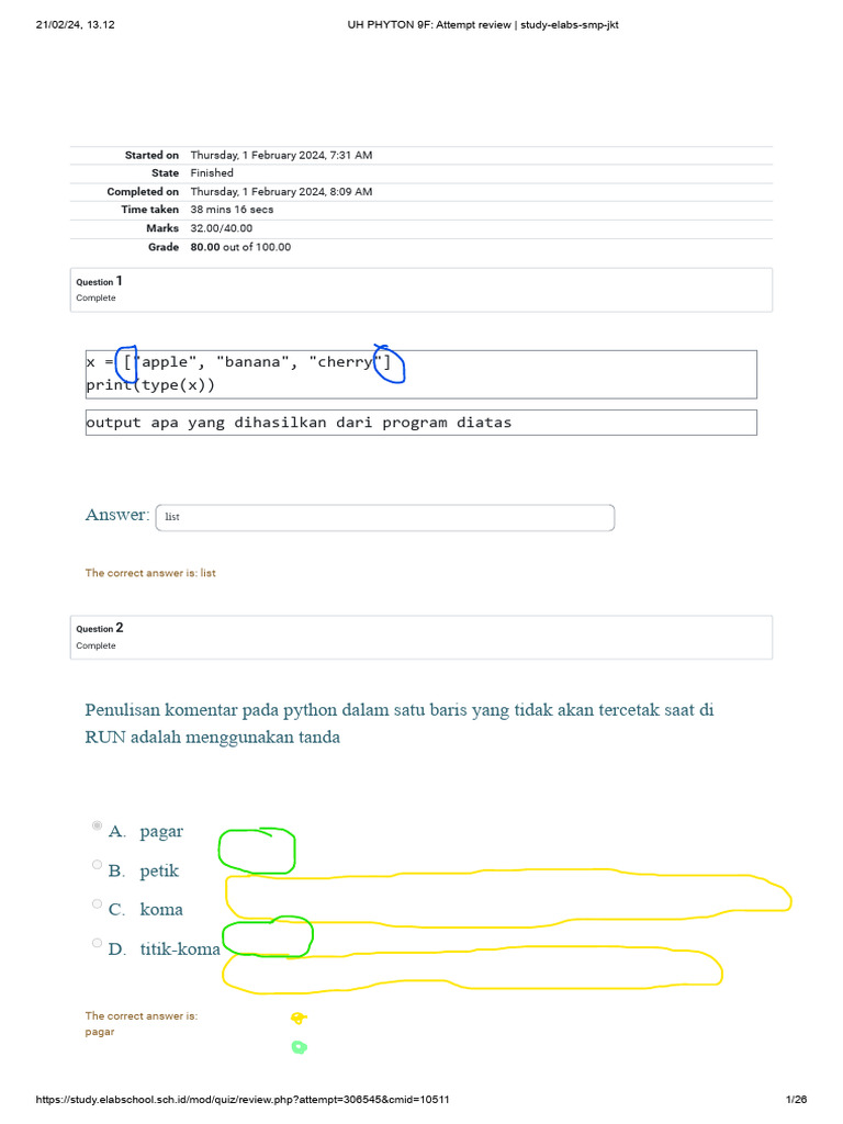 PEMBAHASAN UH PHYTON 9F - Attempt Review - Study-Elabs-Smp-Jkt | PDF
