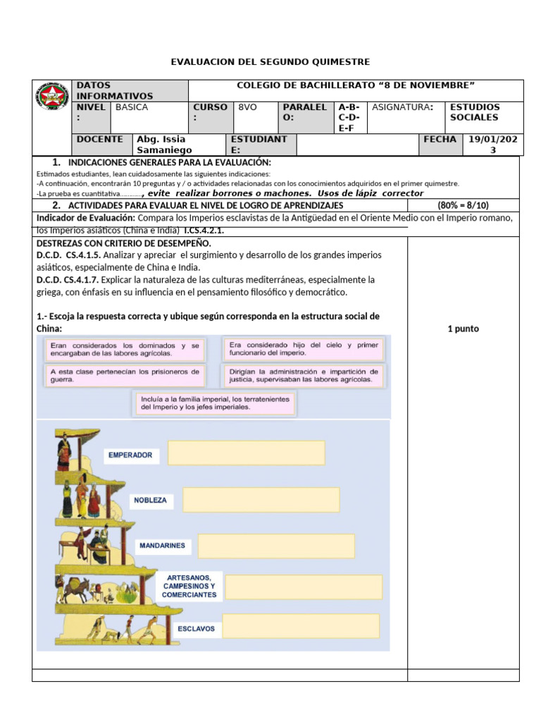 Formato Evaluacion Segundo Quimestre - Octavo Eess | PDF