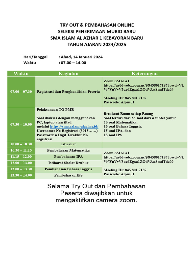 TRY OUT & PEMBAHASAN SELEKSI PMB SMAIA1 2024 | PDF