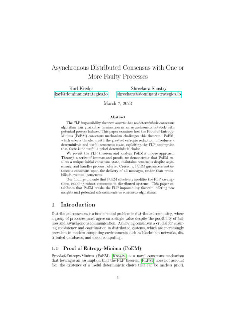 Possibility of Asynchronous Distributed Consensus With One or More Faulty Processes | PDF