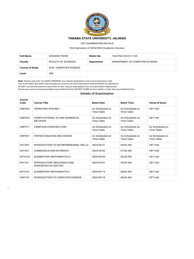 Exam Card | PDF