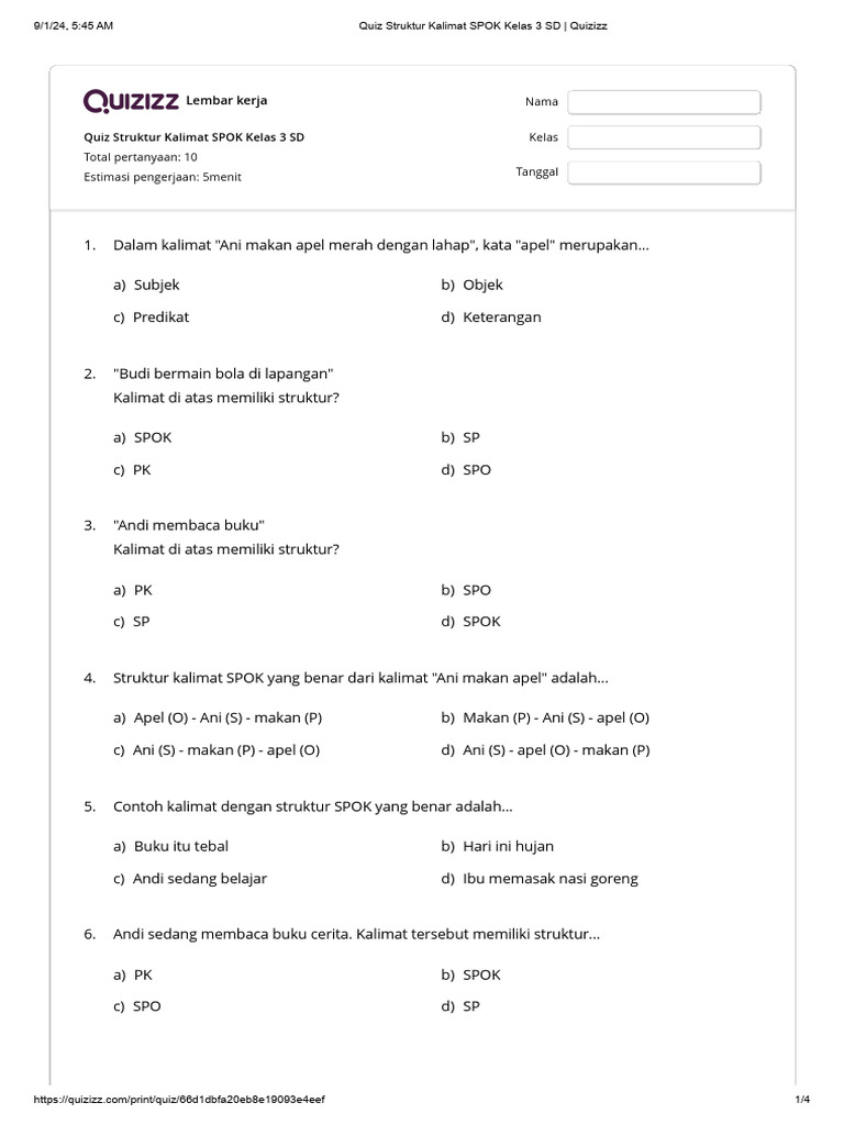 Quiz Struktur Kalimat SPOK Kelas 3 SD - Quizizz | PDF