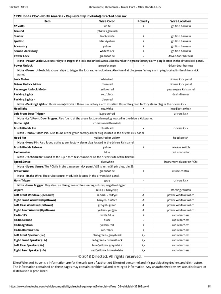 Directechs - DirectWire - Quick Print - 1999 Honda CR-V | PDF