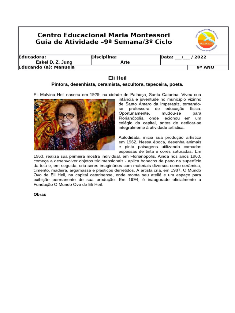 Centro Educacional Maria Montessori Guia de Atividade - 9 Semana/3º ...