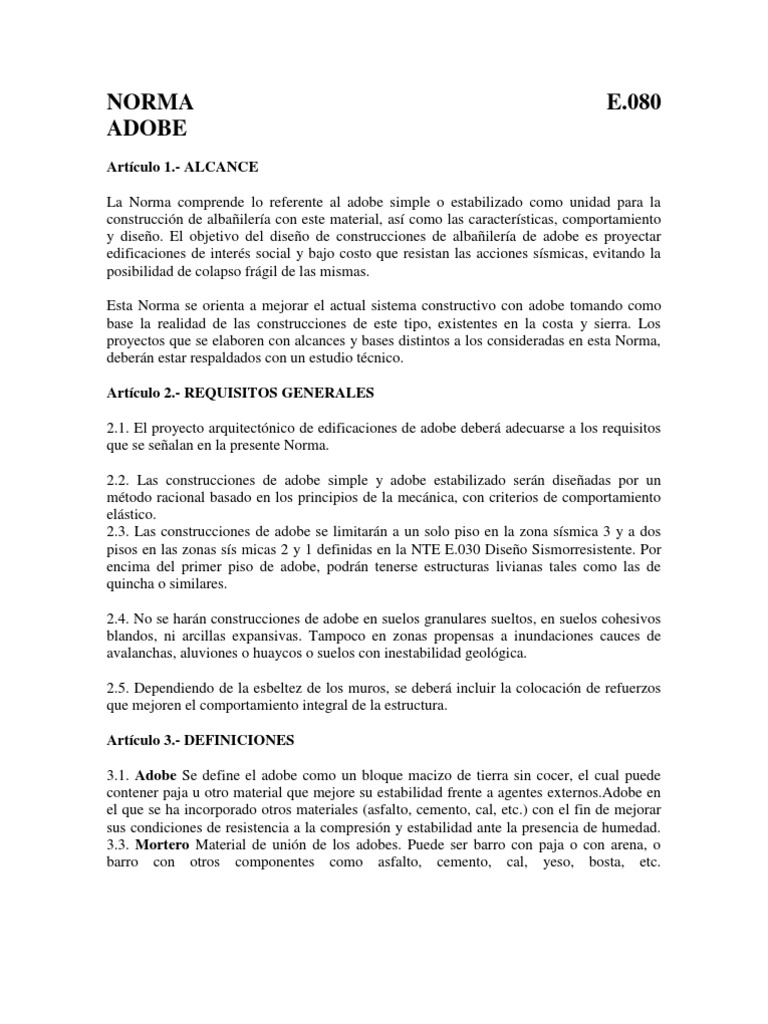 Norma E.080: Construcción Sismoresistente en Adobe | PDF | Fundación (Ingeniería) | Suelo