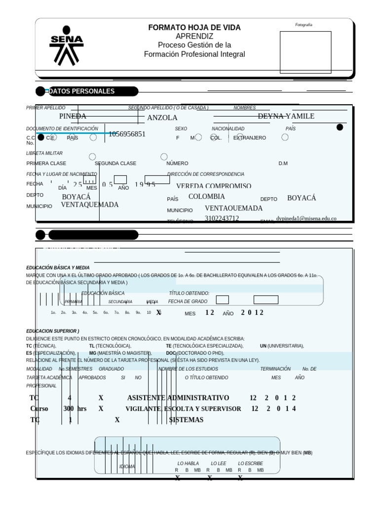 FORMATO HOJA DE VIDA Deyna Pineda | PDF