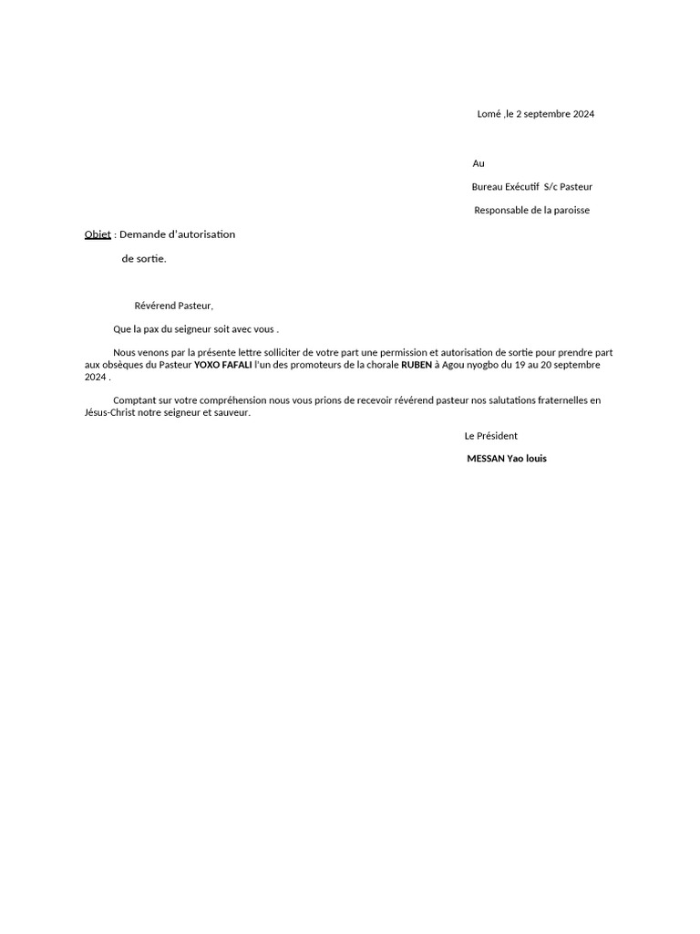 Lettre d'Autorisation de Sortie | PDF