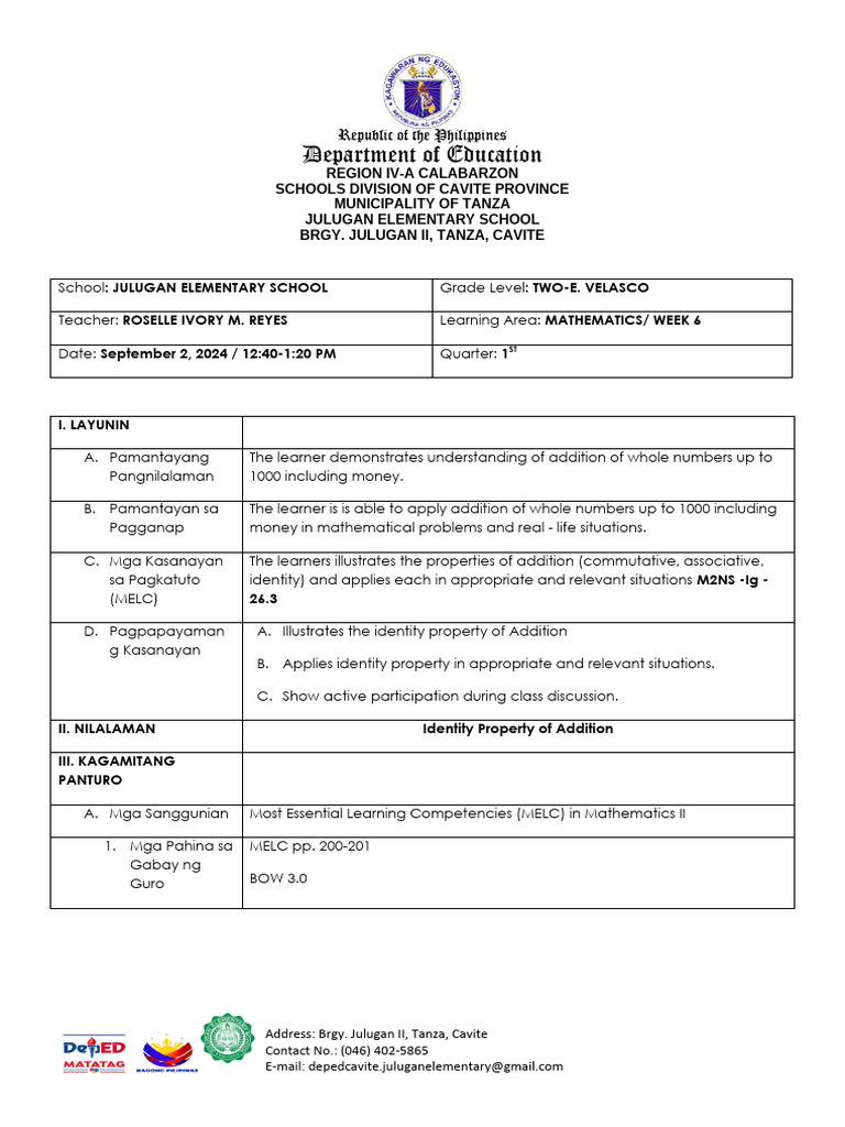 Math DLP q1 w6 d1 September 2 2024 | PDF | Behavior Modification | Cognition