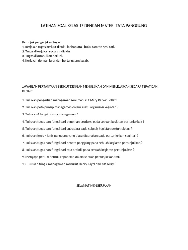 LATIHAN SOAL KELAS 12 DENGAN MATERI TATA PANGGUNG | PDF