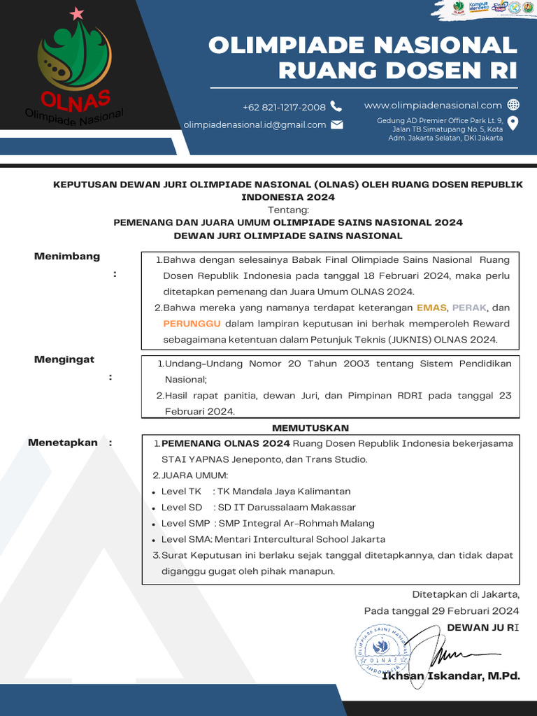 Surat Keputusan Pemenang Final Olnas 2024 | PDF
