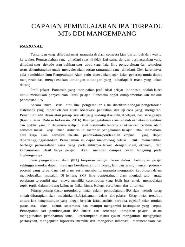 Capaian Pembelajaran IPA. FIX | PDF