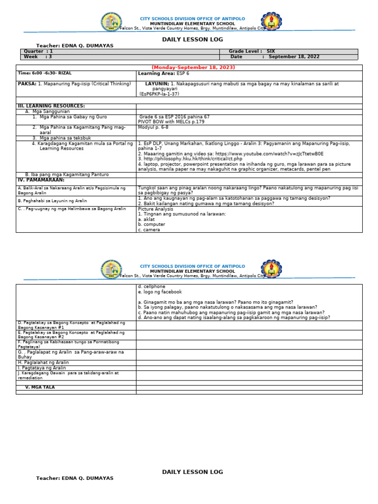 Esp 6 WLP Week 3 | PDF