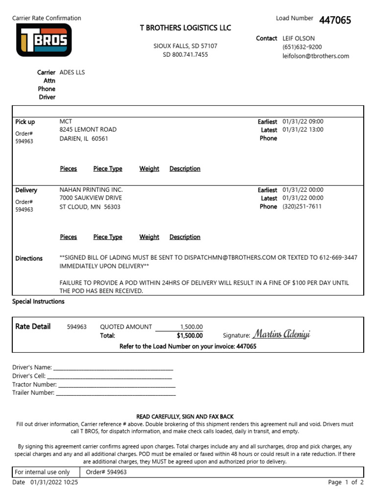 Carrier Confirmation | PDF