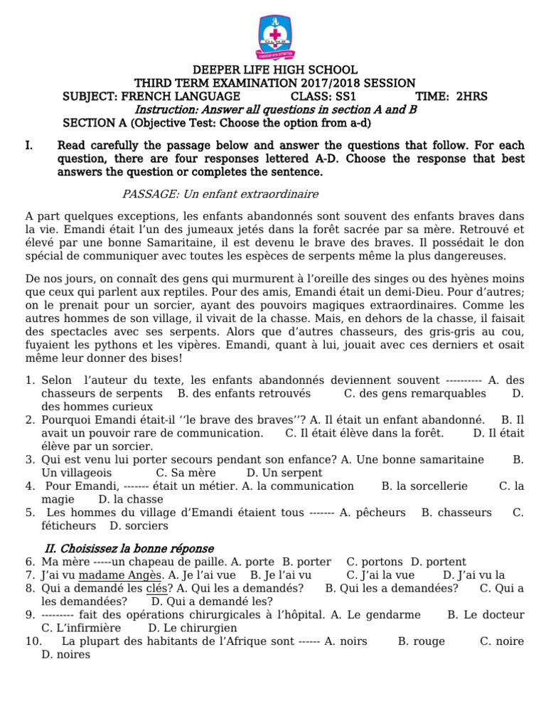 French Language Exam SS1 2017/2018 | PDF | Art