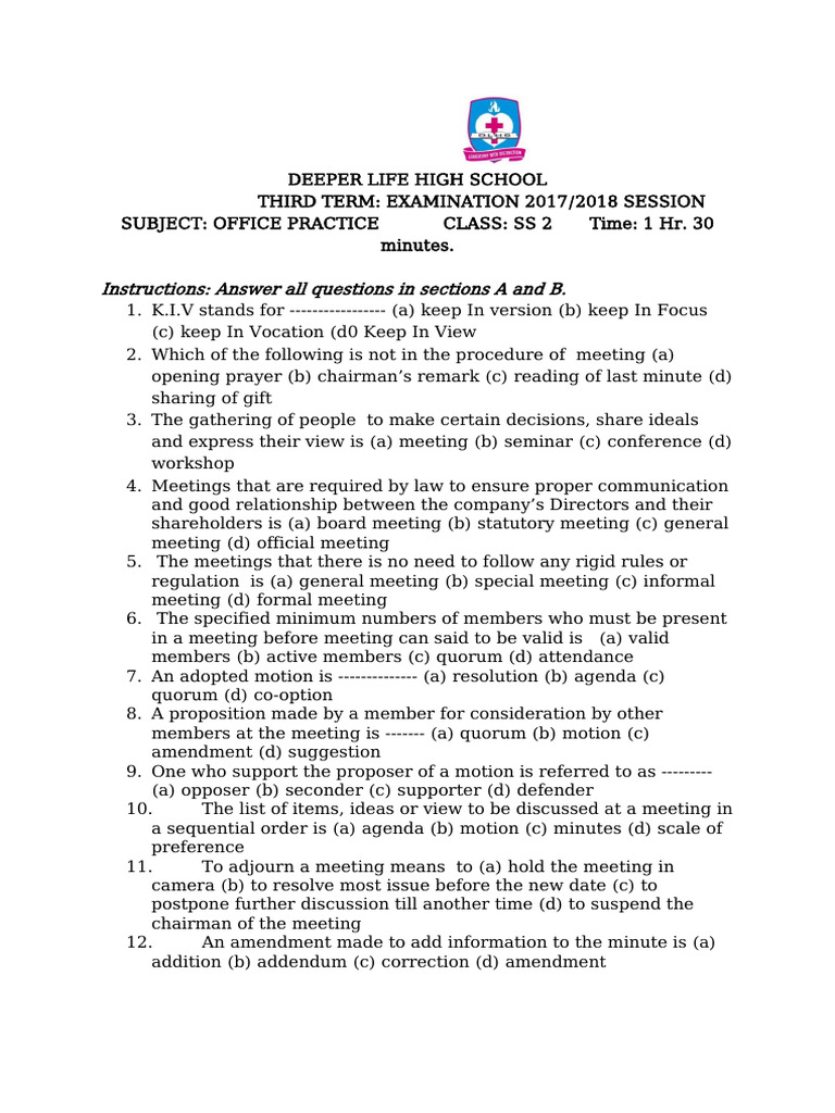 Ss 2 Office Practice 3rd Term Exam | PDF | Communication | Typewriter