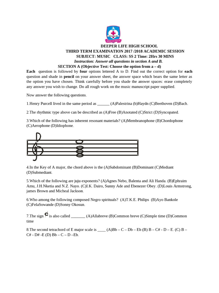 SS2 Music Exam Questions 2017/2018 | PDF | Orchestras | Scale (Music)