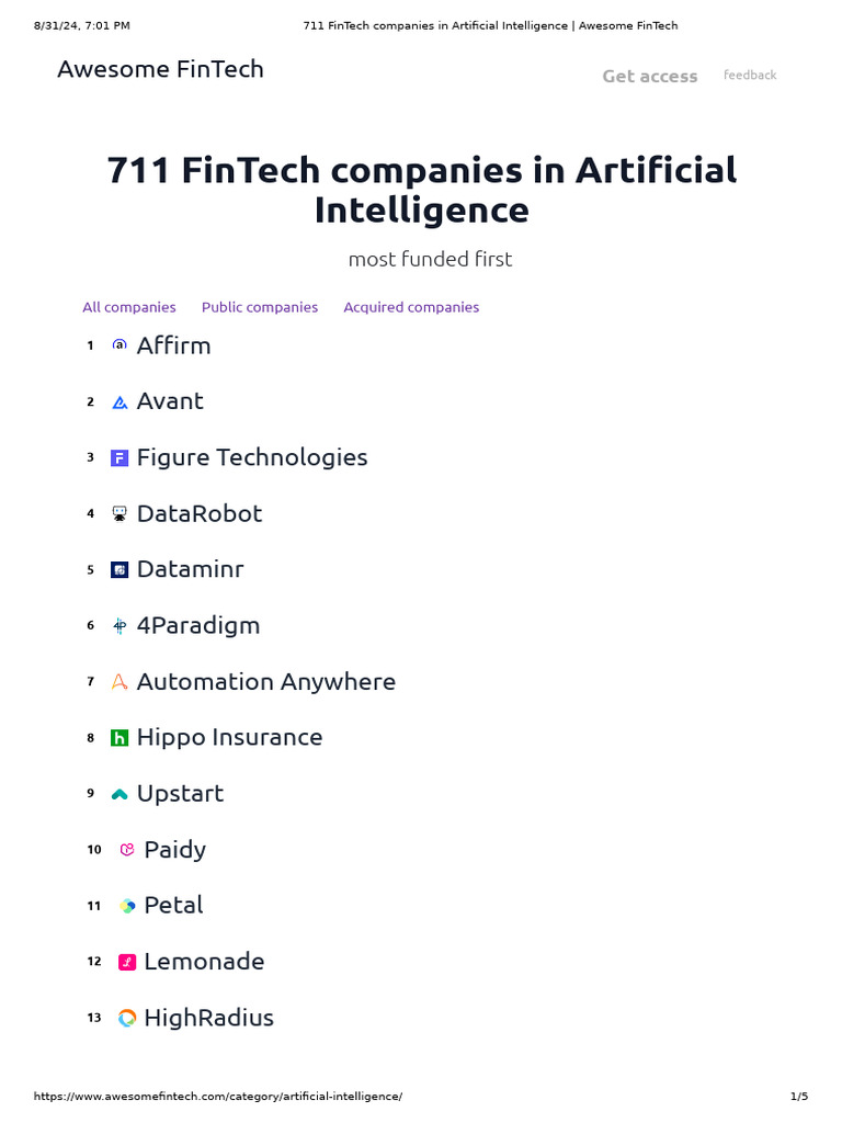 711 FinTech Companies in Artificial Intelligence - Awesome FinTech | PDF