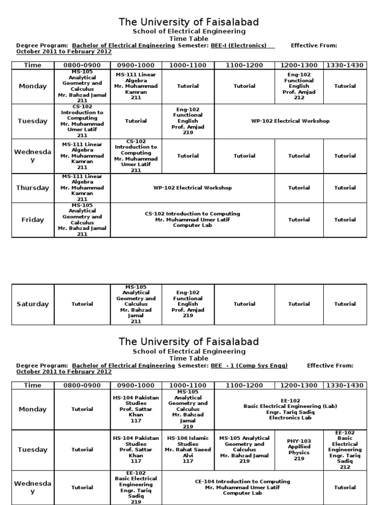 The University of Faisalabad: School of Electrical Engineering Time ...