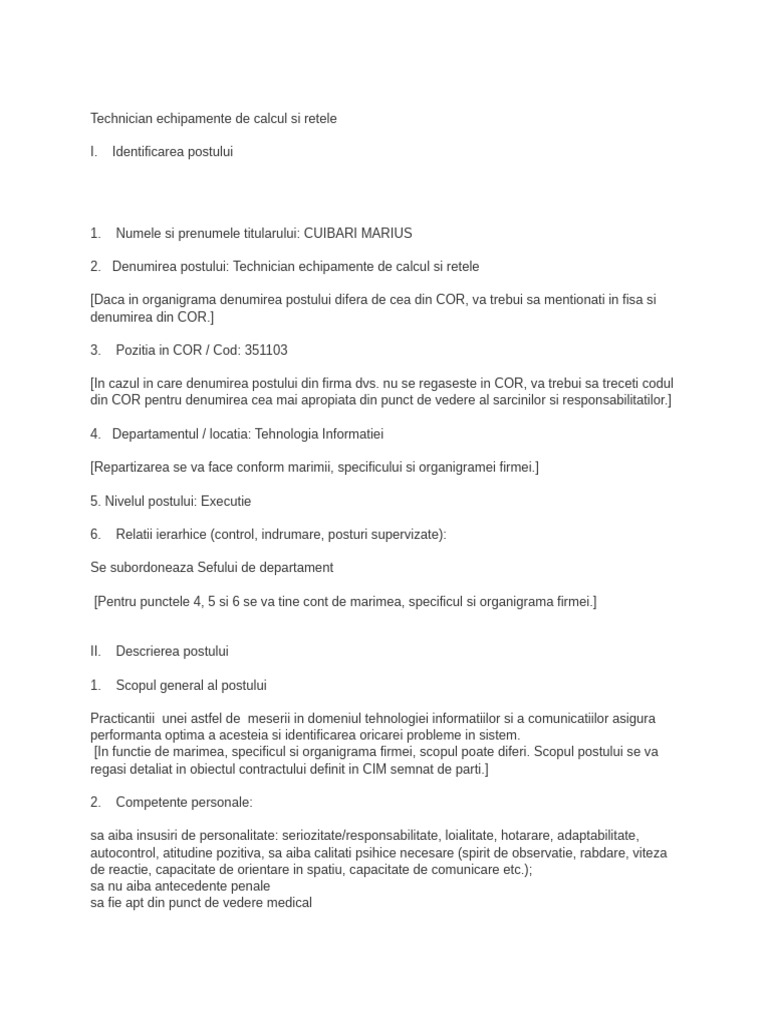 Fisa Postului Technician | PDF
