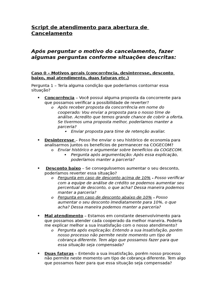 Script de Atendimento para Abertura de Cancelamento | PDF