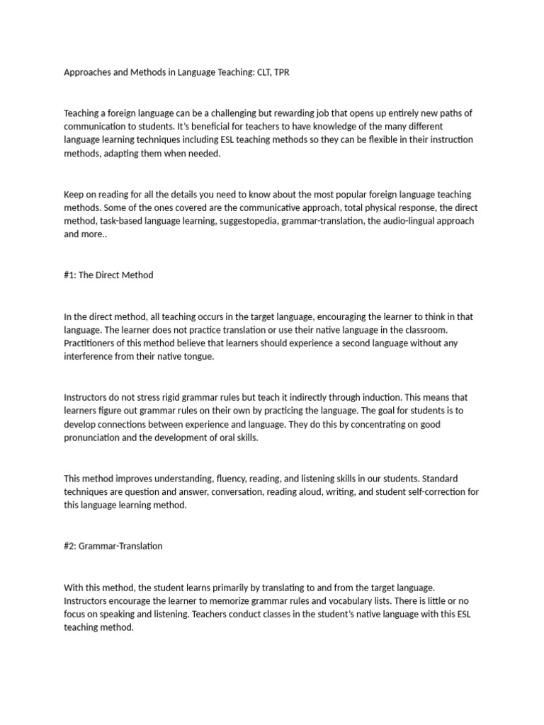 Approaches And Methods For Teaching Language Pdf Language Education