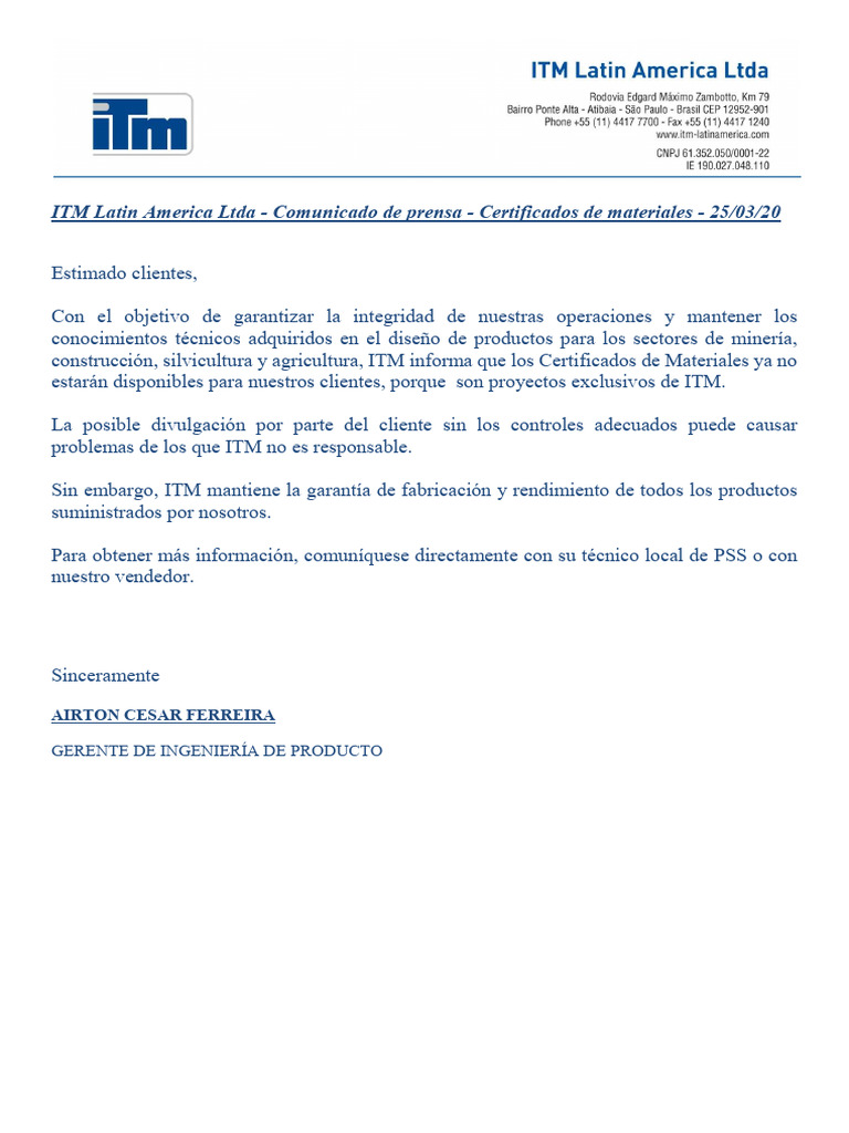 ITM Comunication - Material Certificates | PDF | Business | Technology ...