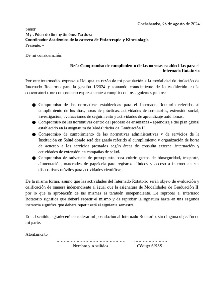 Carta de Cumplimiento de Normas Del Internado 2024 | PDF