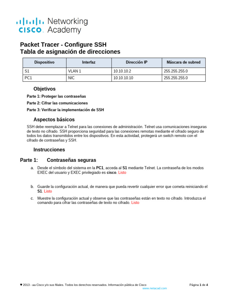 1.3.6 Packet Tracer ES - Configurar SSH | PDF