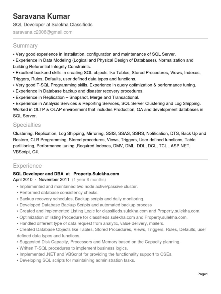 Saravana Kumar Sql Developer At Sulekha Classifieds Pdf Microsoft