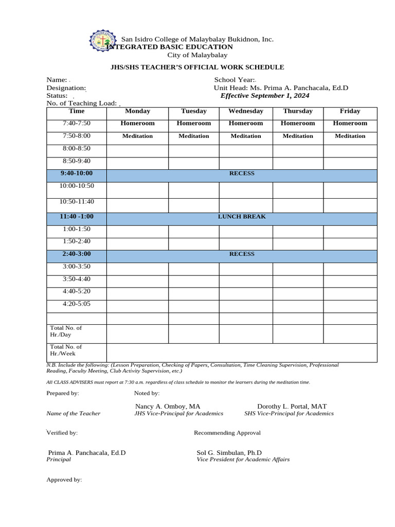 High School Work Sched Template | PDF