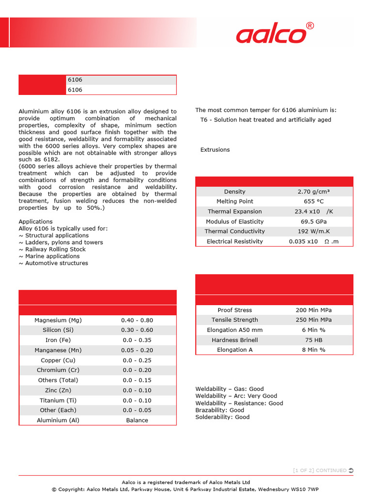 Aalco Metals LTD - Aluminium Alloy 6106 T6 Extrusions - 154 | PDF