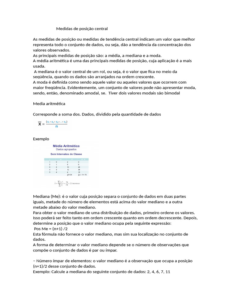 Medidas de Posição Central: Média, Mediana y Moda | PDF | Estadísticas ...