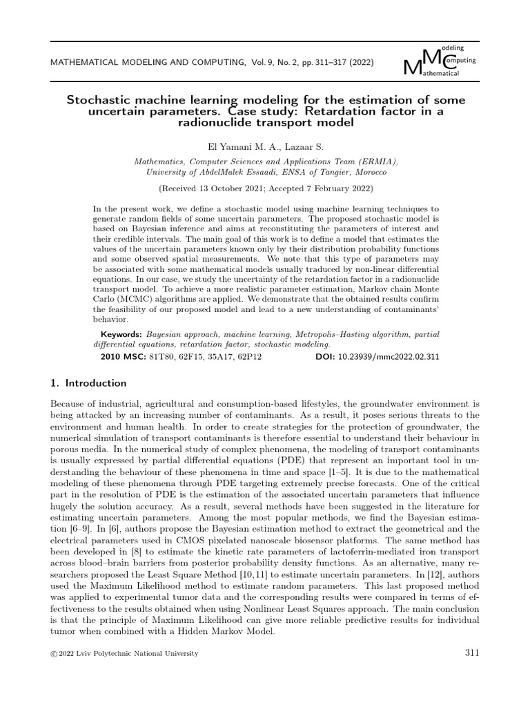 Stochastic Machine Learning Modeling For The Estimation of Some Uncertain Parameters. Case Study ...