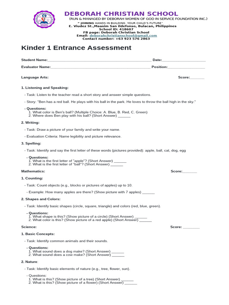 Kinder 1 and 2 Entrance Assessment | PDF