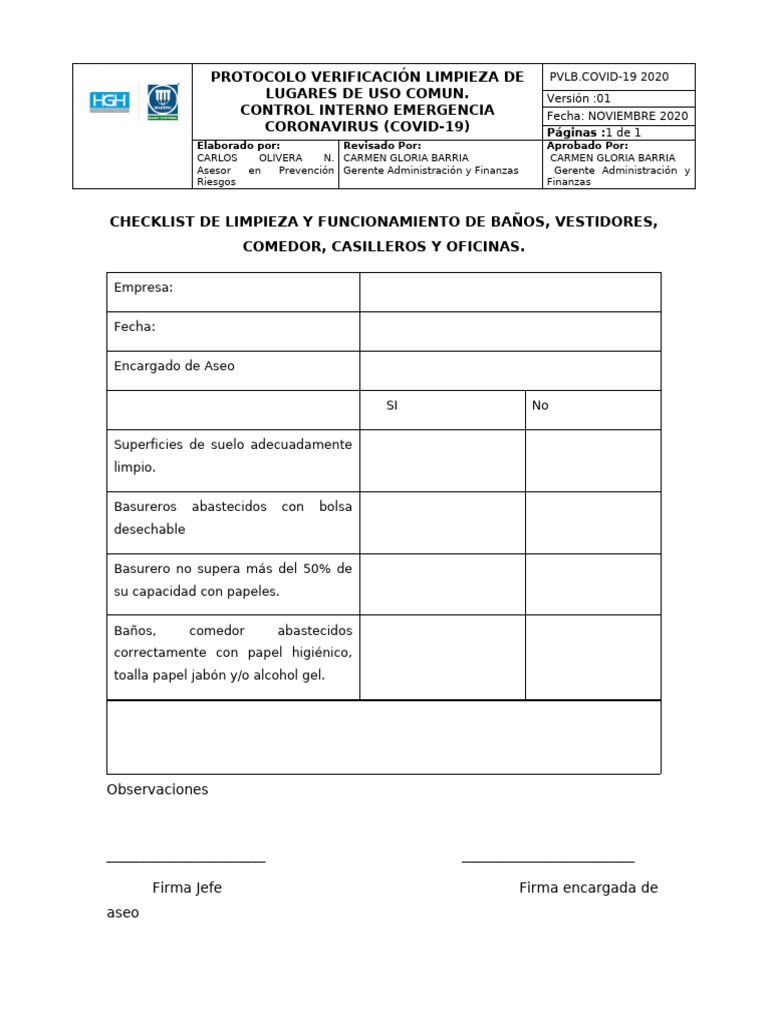 Checklist de Limpieza y Funcionamiento de Baños HGH | PDF