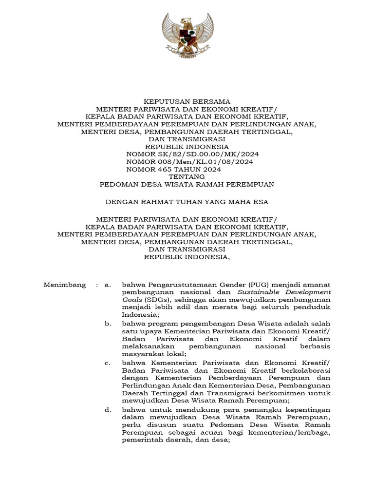 Keputusan Bersama 3 Menteri - TTG Pedoman Desa Wisata Ramah Perempuan | PDF