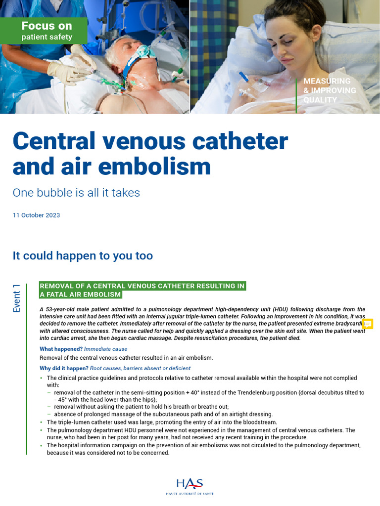 Focus On Patient Safety - Central Venous Catheter and Air Embolism | PDF