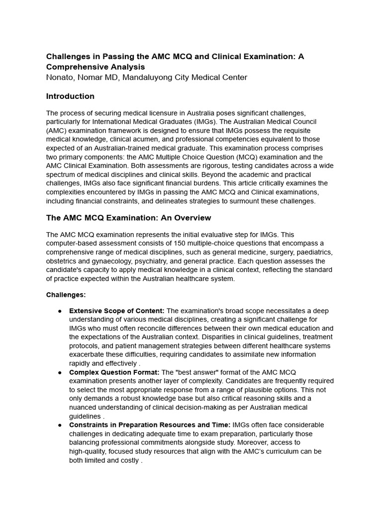 Challenges in Passing The AMC MCQ and Clinical Examination - A ...