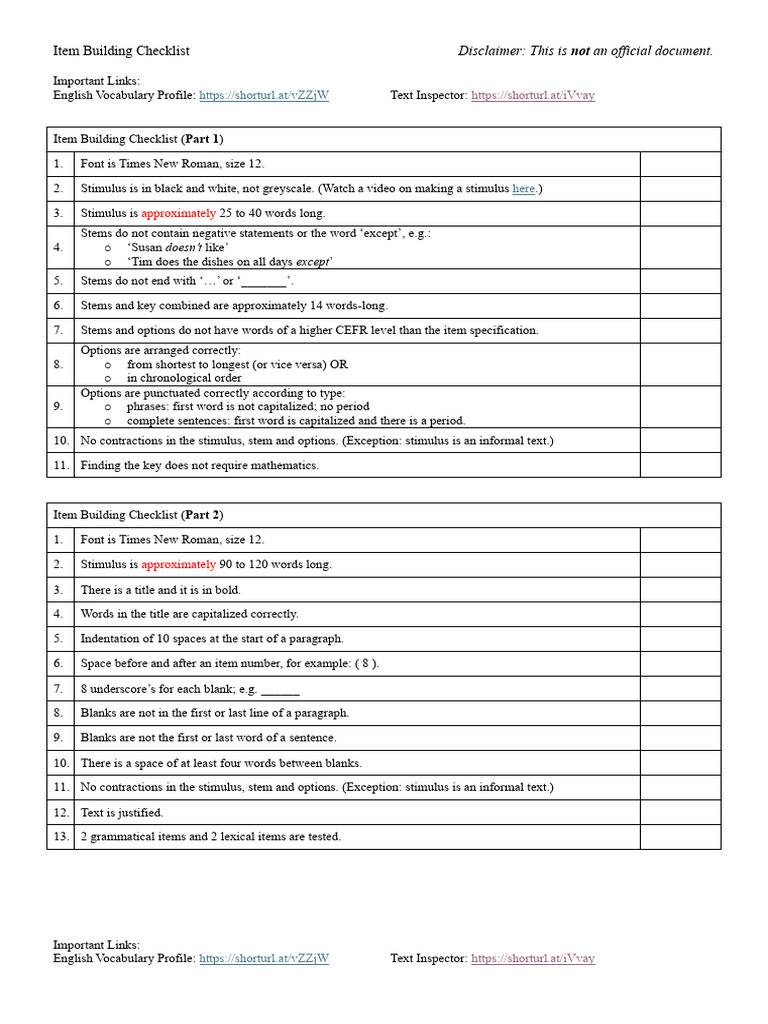 Item Building Checklist | PDF