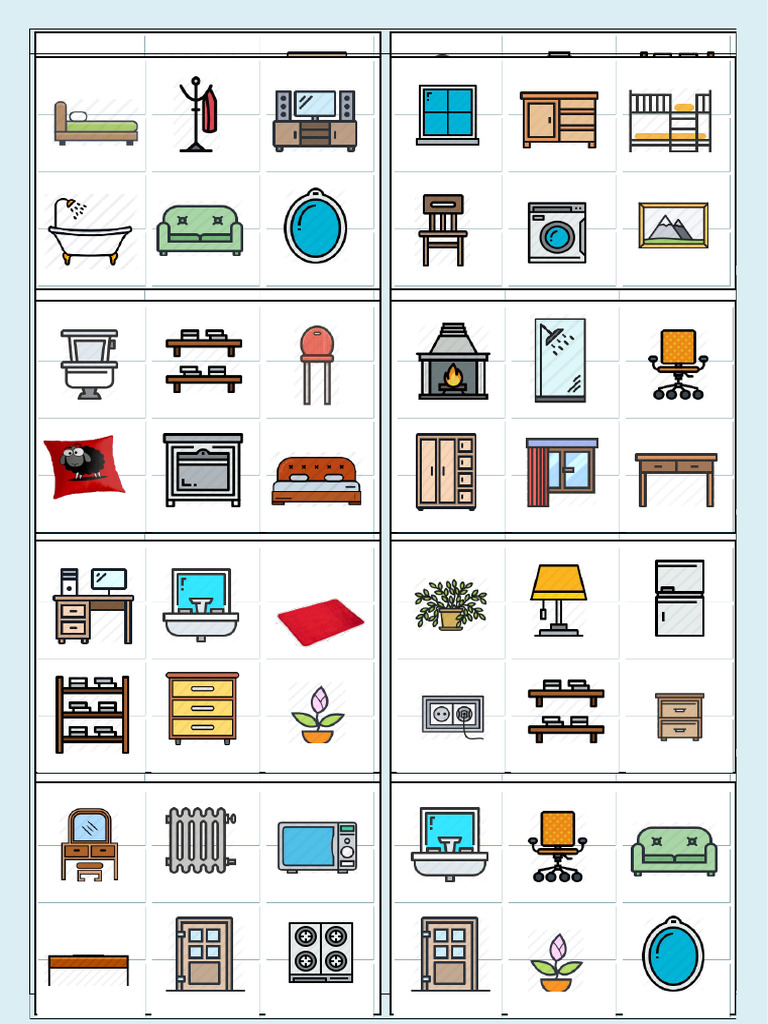 Bingo Game Household Items and Furniture Flashcards Fun Activities ...